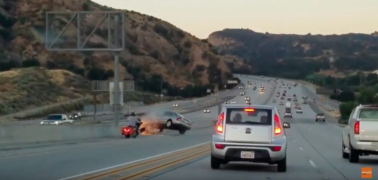 Shocking multiple accident caused by a clash between a car and a motorcycle